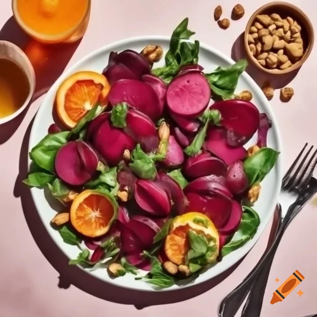 Roasted beet and citrus salad with orange segments and walnuts on Craiyon