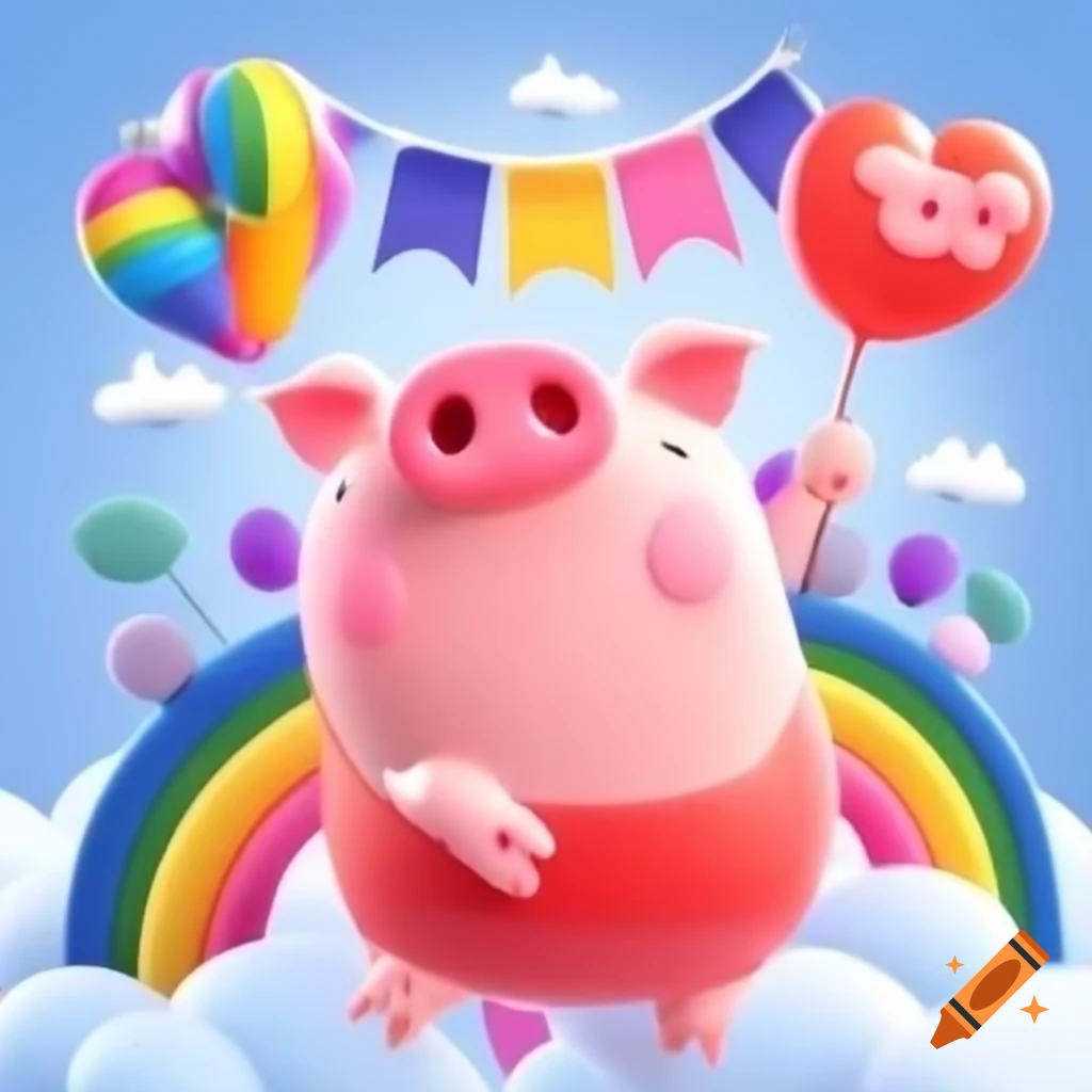 Cartoon pig celebrating Pride Month with colorful decorations on Craiyon