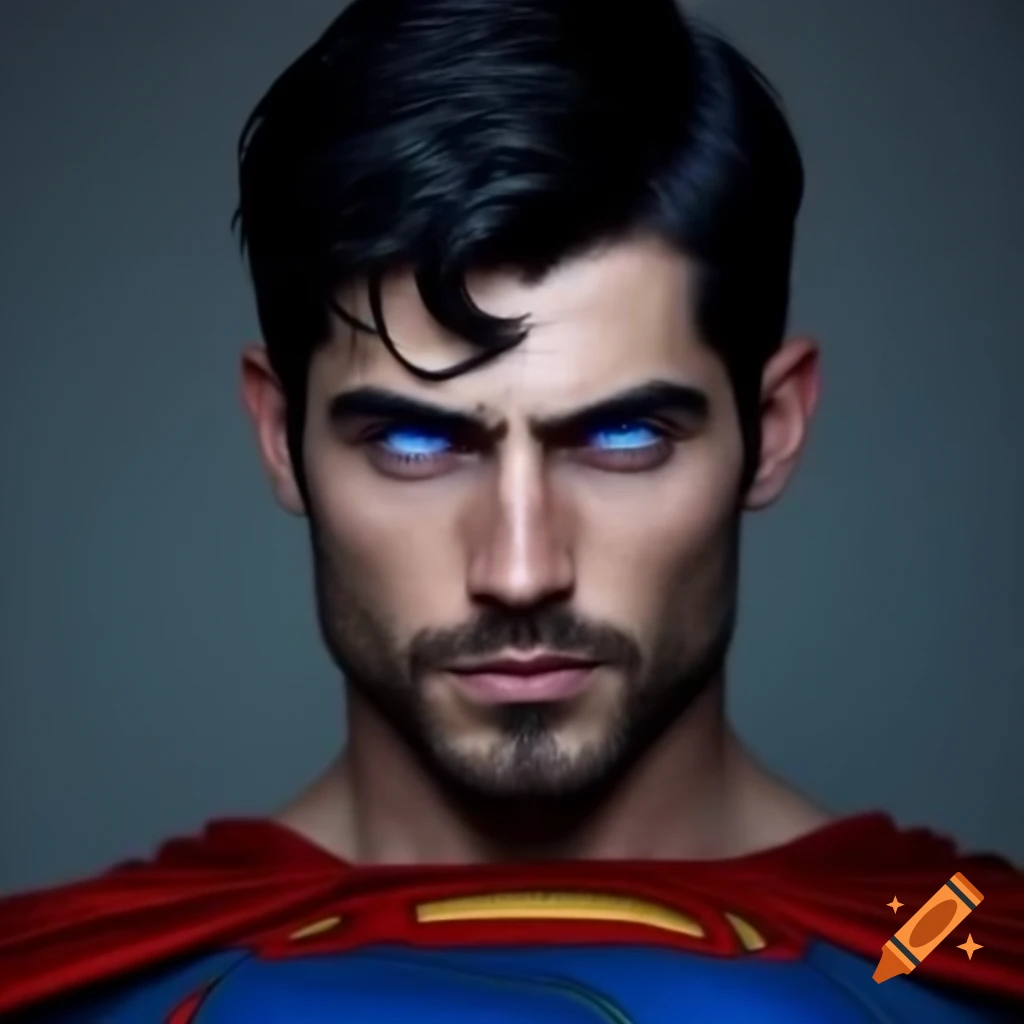 Tall man with black hair and blue eyes in Superman costume on Craiyon