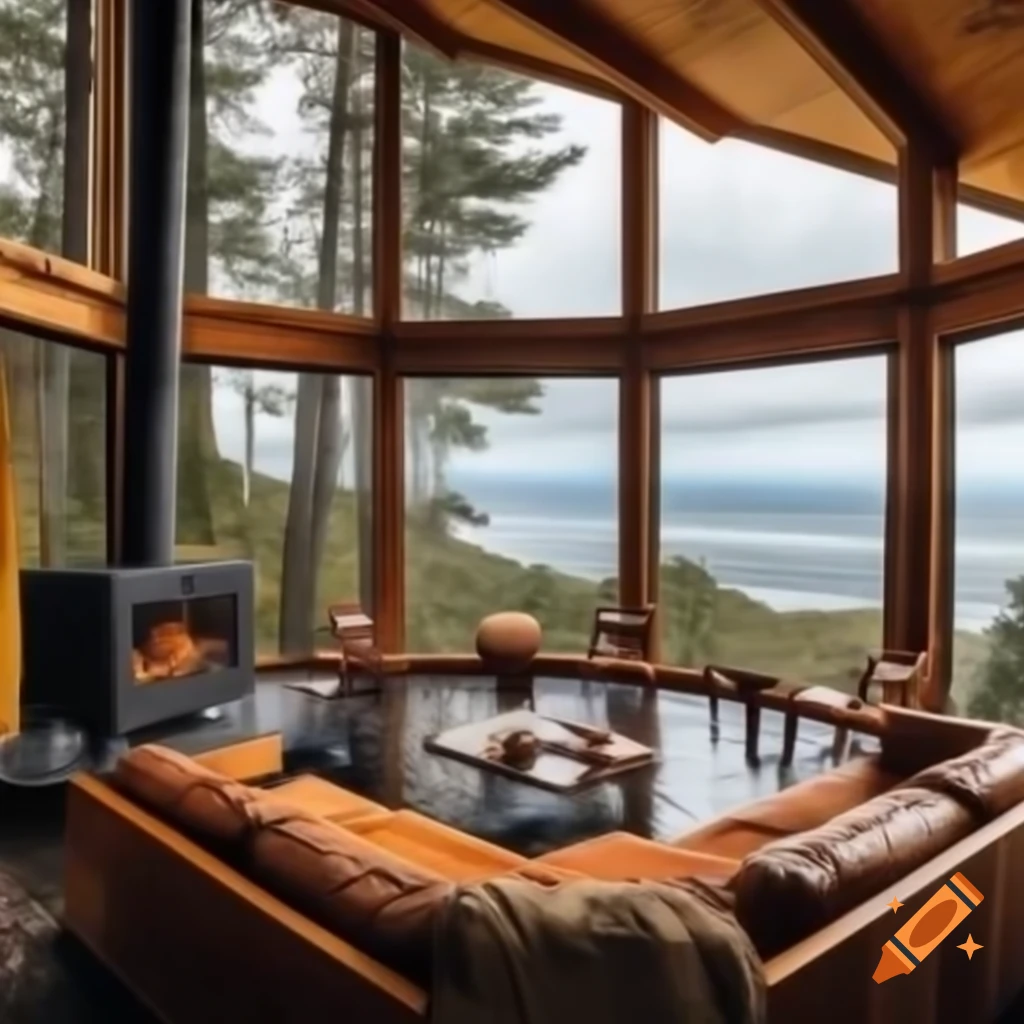 Interior of wooden cabin with fireplace and leather furniture ...
