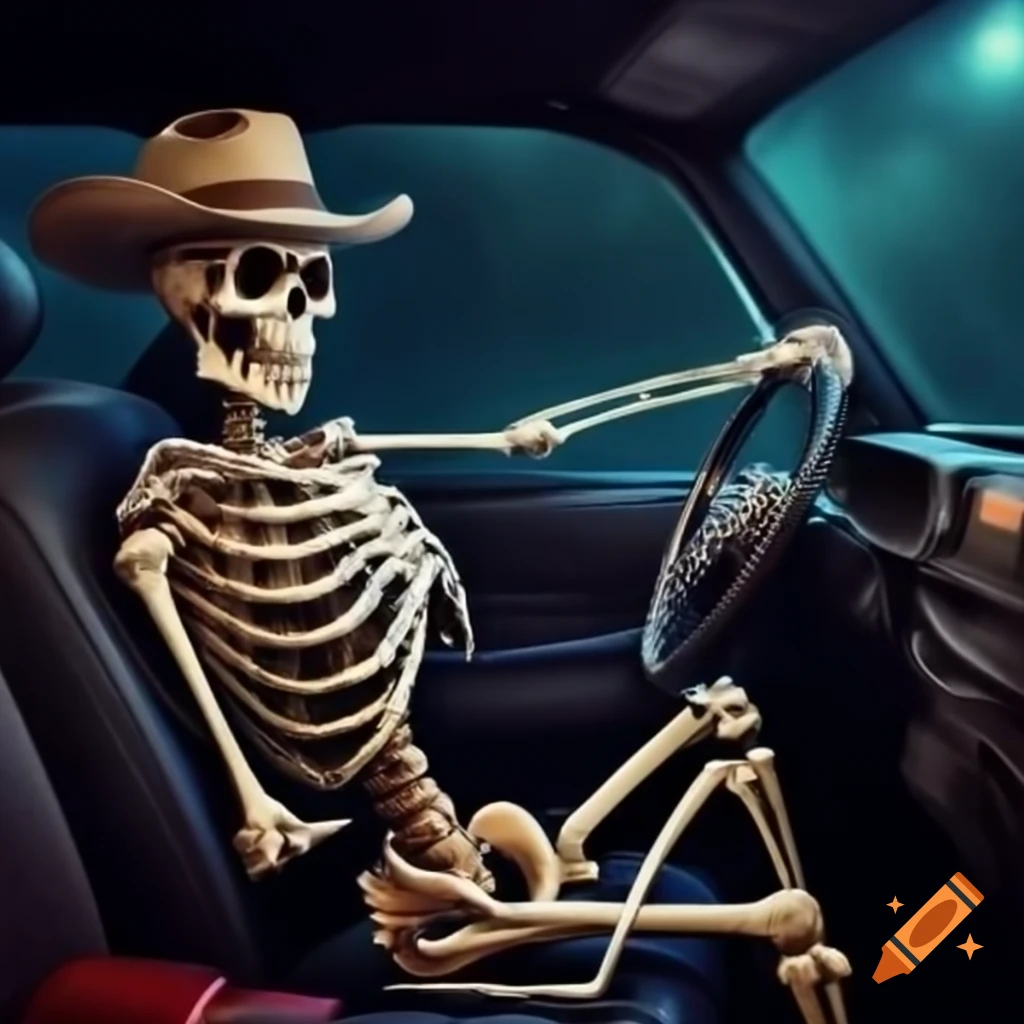 Cowboy skeleton driving a police car with a gangster vibe on Craiyon