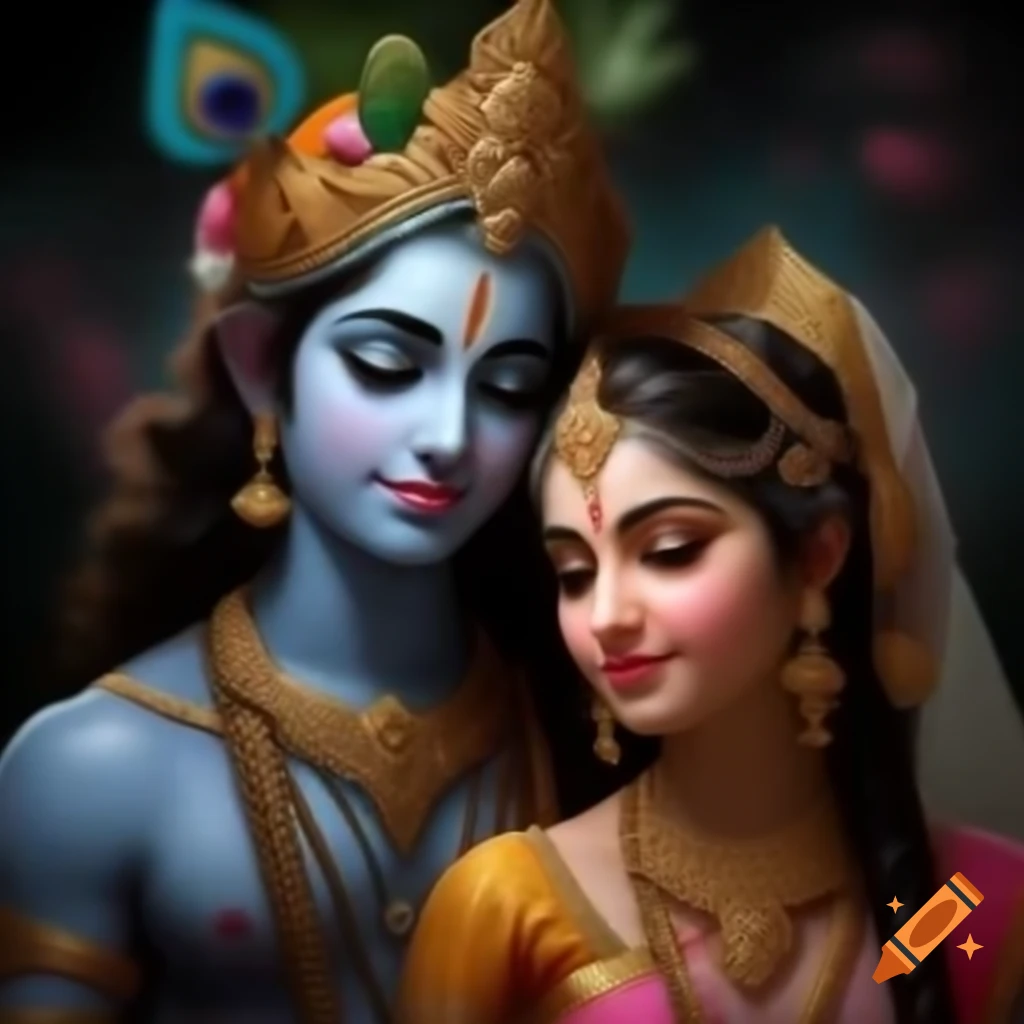 Captivating portrait of Radha and Krishna in tender gaze with dreamlike ...