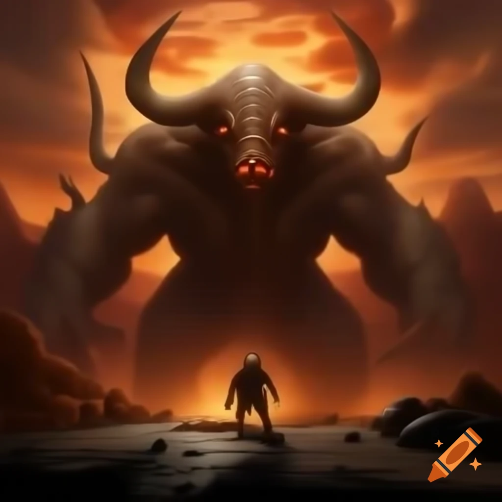 Colossal hybrid creature with bull body and scorpion head on Craiyon