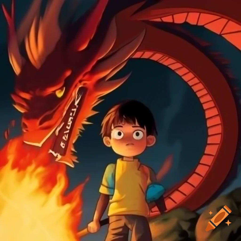 Boy interacting with dragon breathing fire on Craiyon