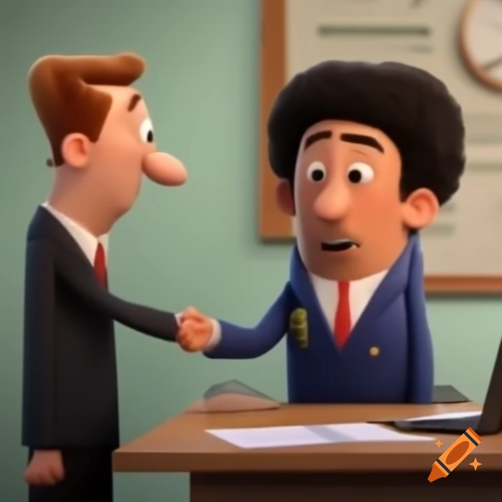 Animated scene of boss congratulating employee in office setting on Craiyon