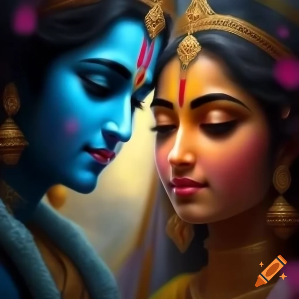 Captivating portrait of Radha and Krishna in tender gaze with dreamlike ...