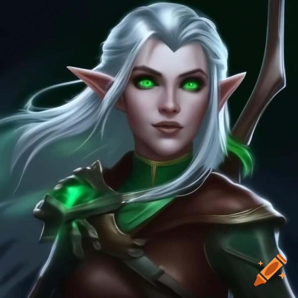 Half-Elf ranger Aria Stormrider with emerald eyes and silver hair on Craiyon