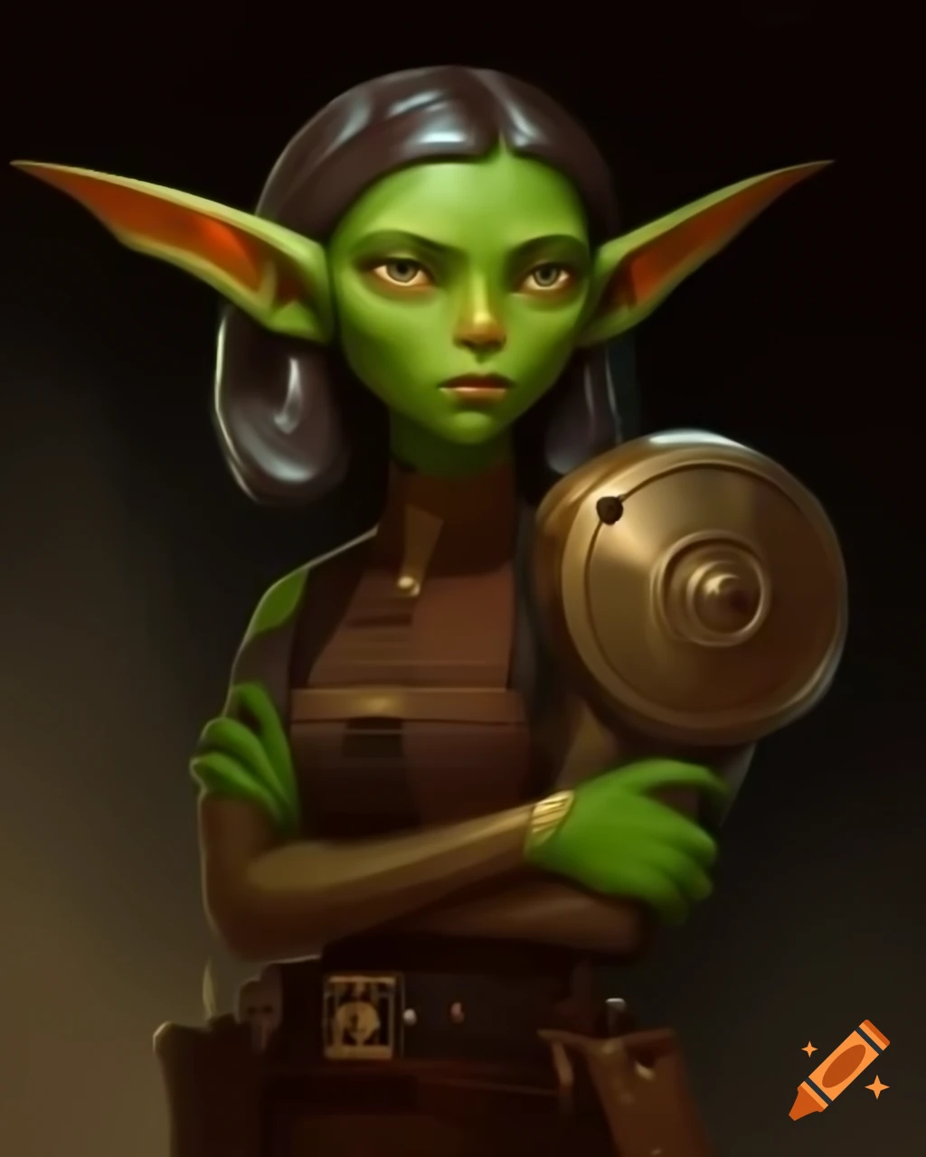 Anime green-skinned goblin girl with clockwork arm on Craiyon