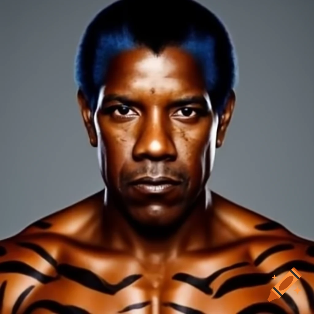 Muscular man with tiger-style makeup and colorful features on Craiyon
