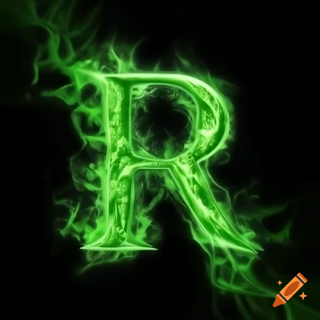 High-contrast lime-green letter 'R' in death metal font on obsidian ...