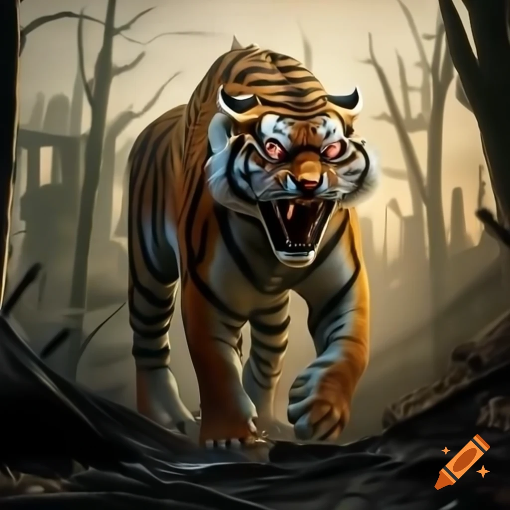 Hybrid creature combining tiger features with glowing nuclear energy ...