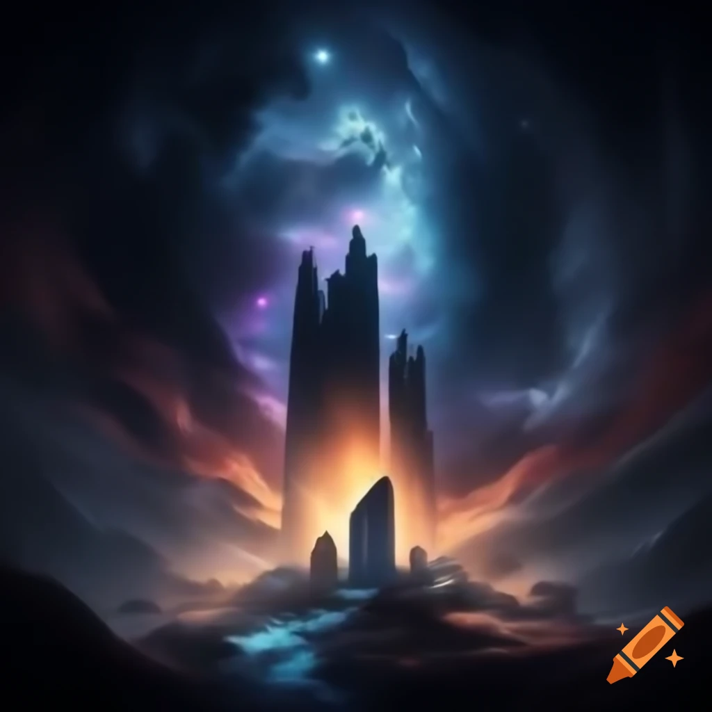 Ancient tombstones in cosmic graveyard with swirling nebulas and ...