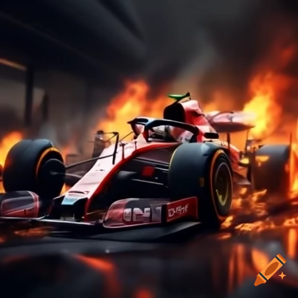 Formula 1 racecar in flames after pit stop accident, sparks and smoke ...