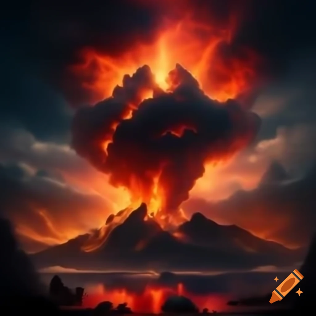 Colossal creature flying from erupting volcano with glowing lava on Craiyon