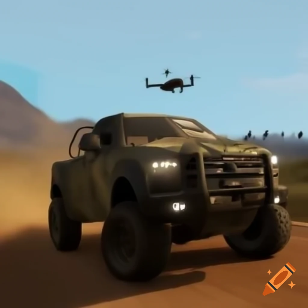 Military pickup truck in 2d style driving on dusty road on Craiyon
