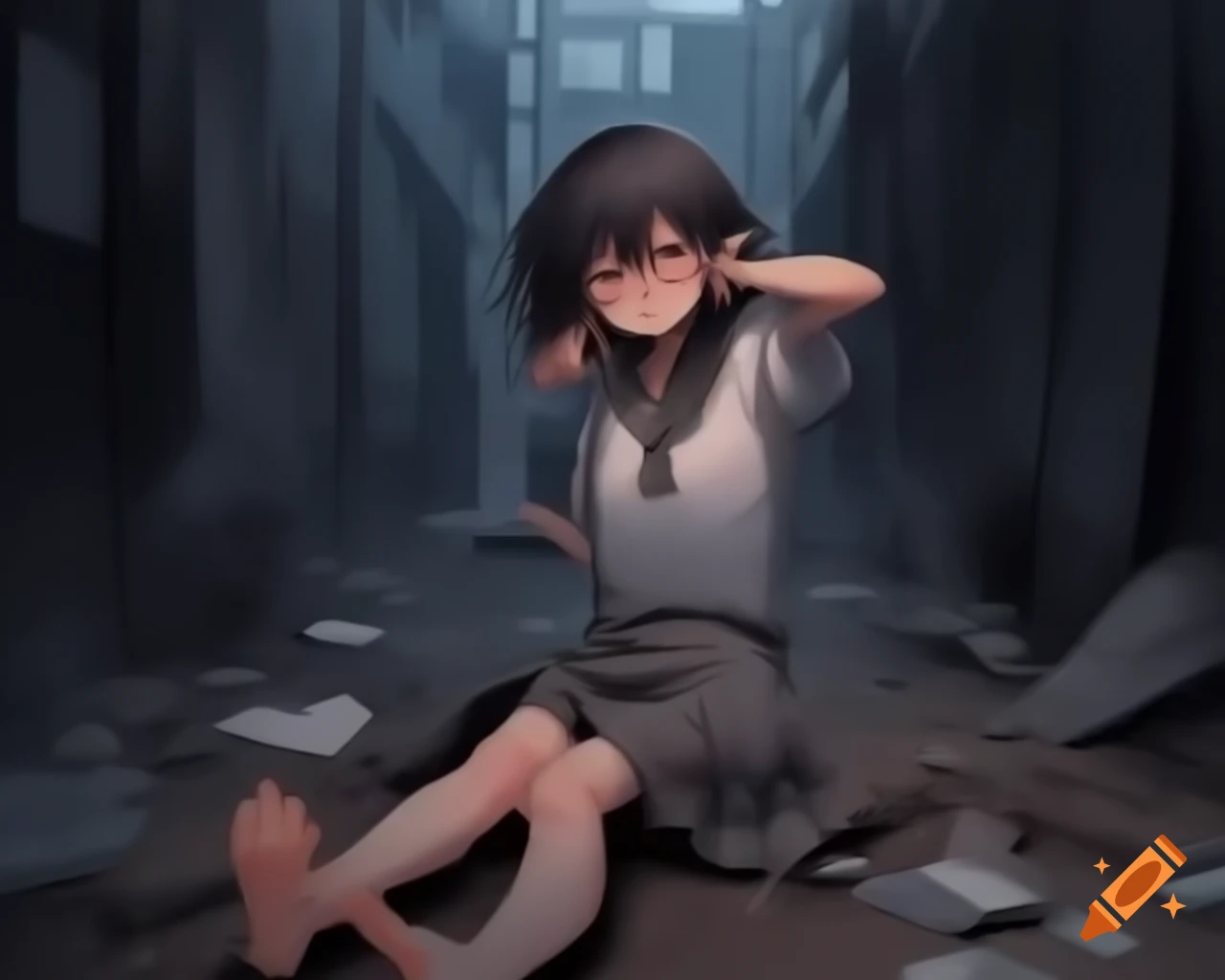 Anime character with pointed ears searching in dim alley among ...