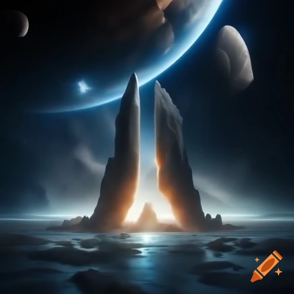 Cinematic view of Nexus, a realm of floating rock islands in space on ...