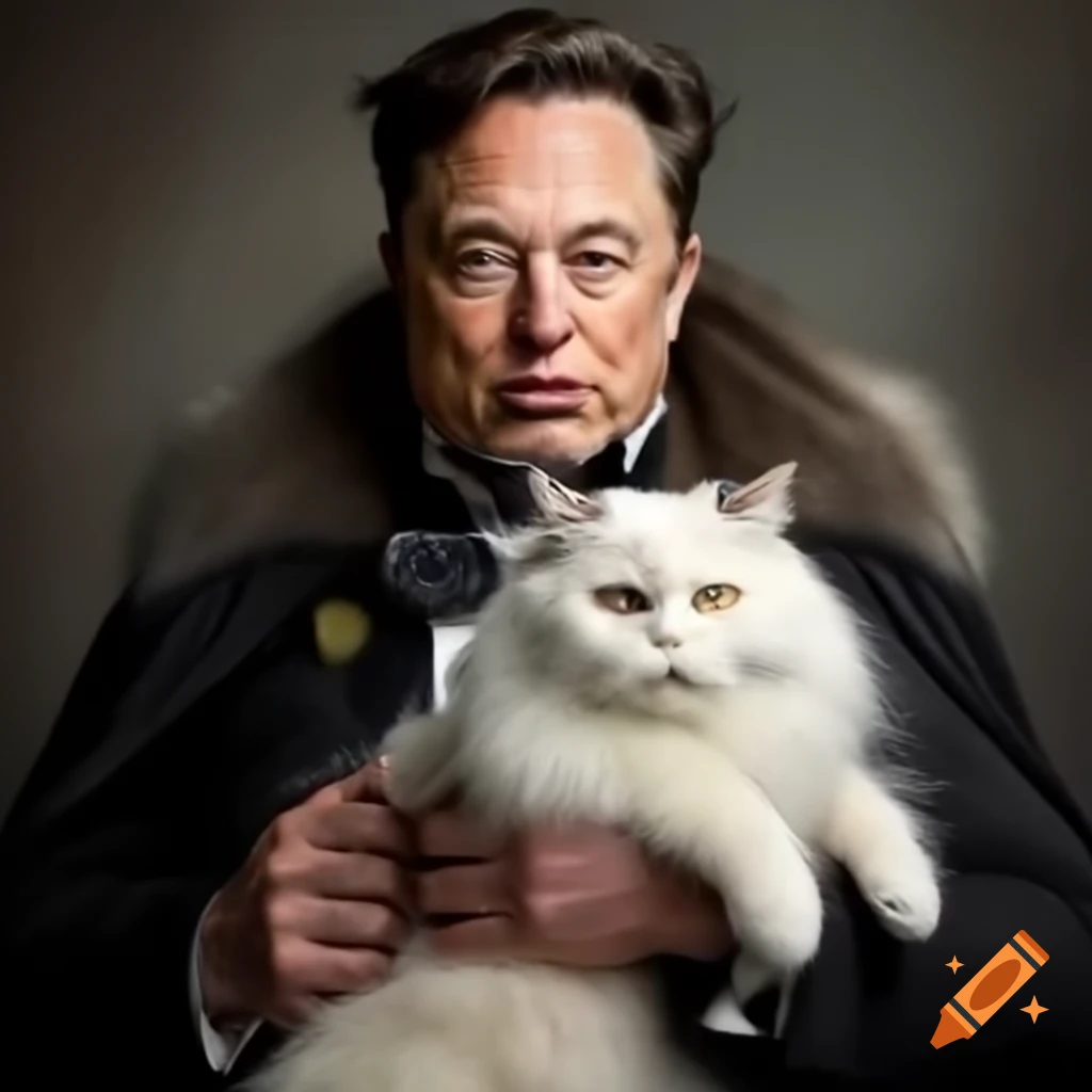 Elon Musk styled as a James Bond villain holding a fluffy white cat on ...