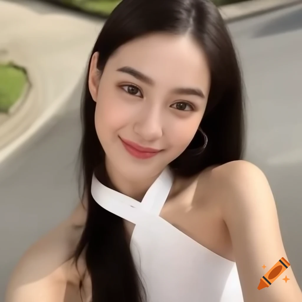 Young Vietnamese coed in halter top smiling while taking a selfie on ...