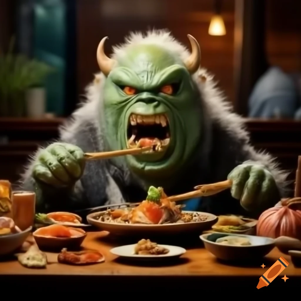 Sushi monster consuming Thanksgiving dinner with little monsters around ...