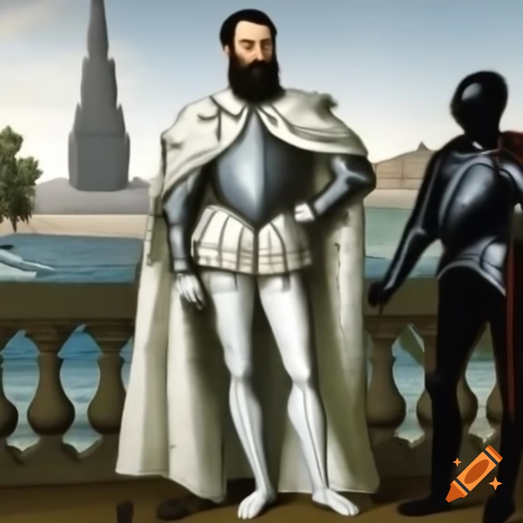 16th century prince in armor speaking with a black knight by a fountain ...