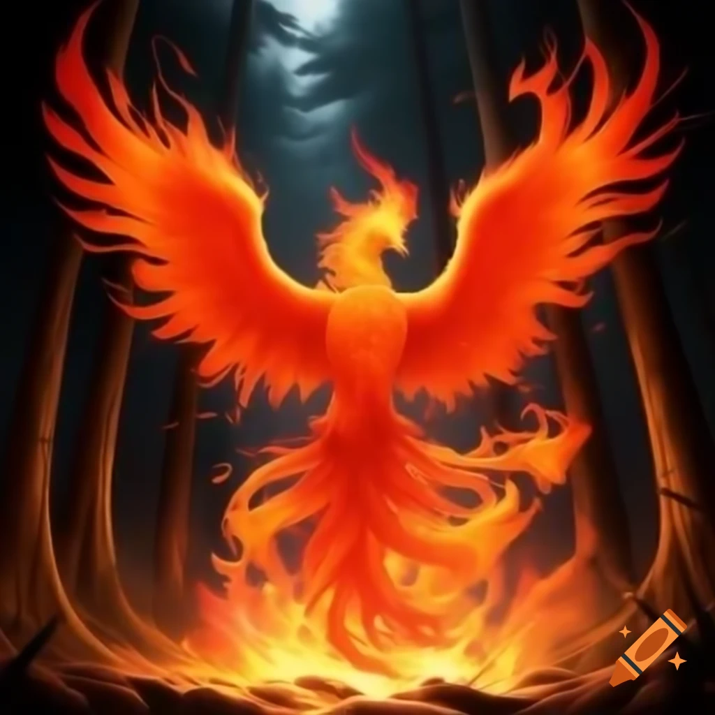 Fiery phoenix breathing fire in a forest setting on Craiyon