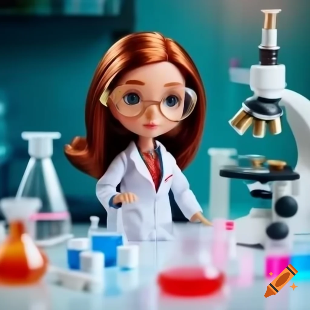 Doll with gold round glasses in a medical laboratory with supplies on ...