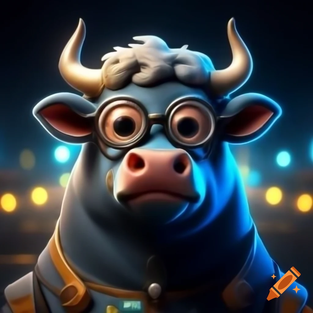 Close-up of cartoon bull with soft eyes and gentle smile on Craiyon