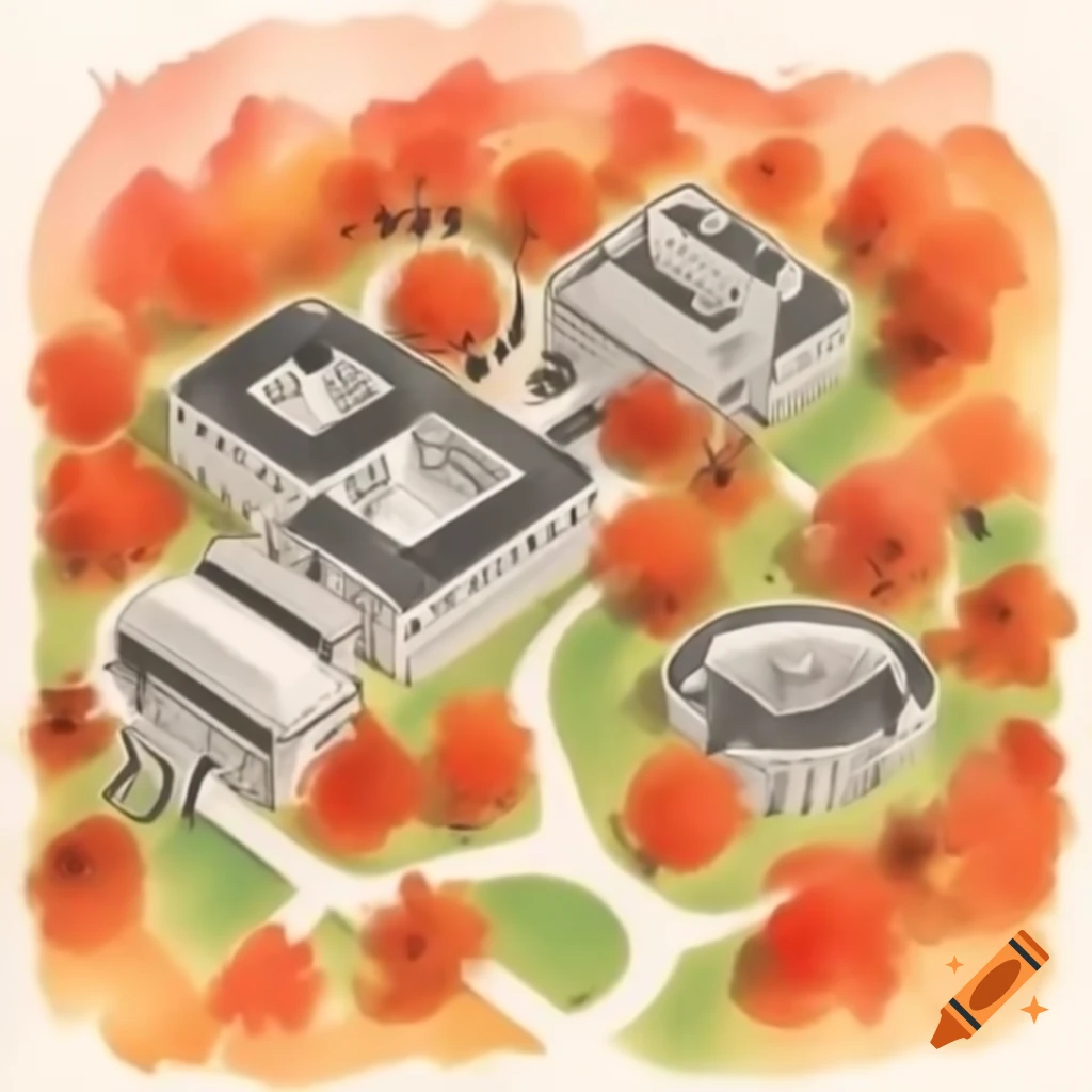 Whimsical ink sketch of Middlebury College in autumn colors on Craiyon