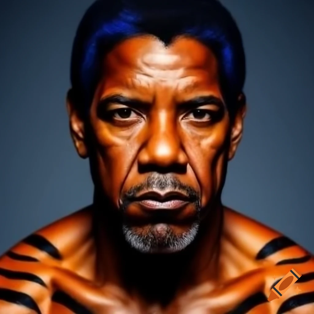 Muscular figure with tiger-style makeup featuring blue hair and orange ...