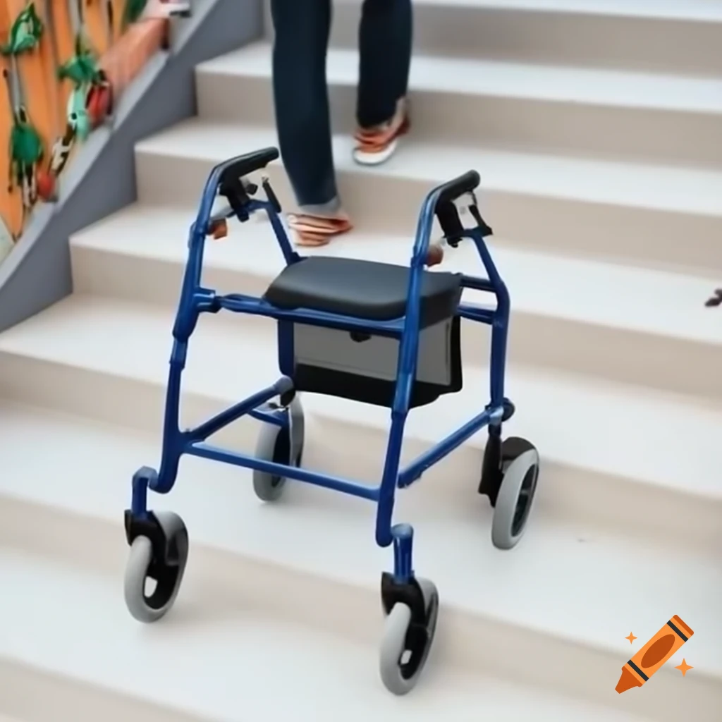 Motorized walker with adjustable legs climbing Indian staircase on Craiyon