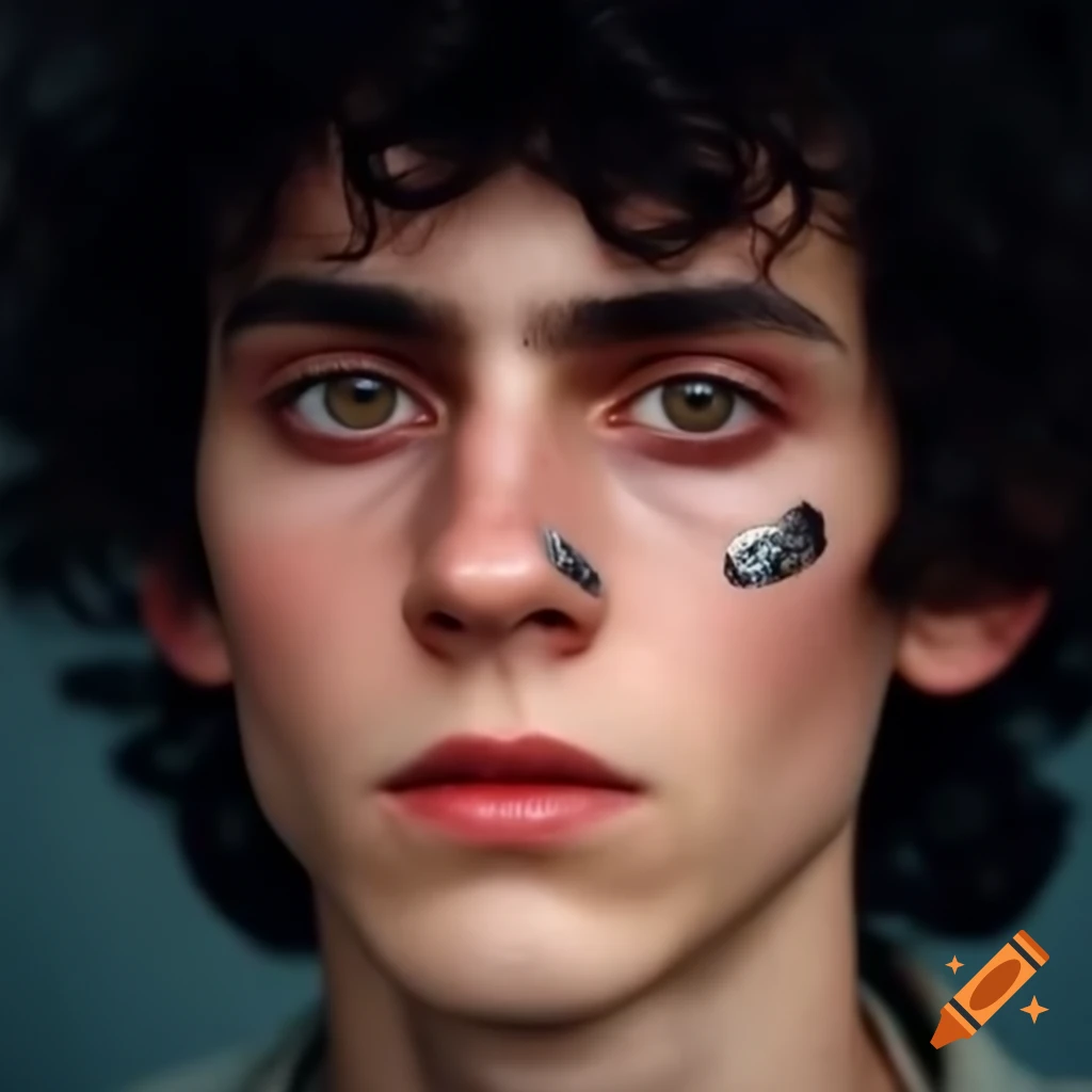 Young man with curly dark hair and large eyes in rumpled clothing on ...