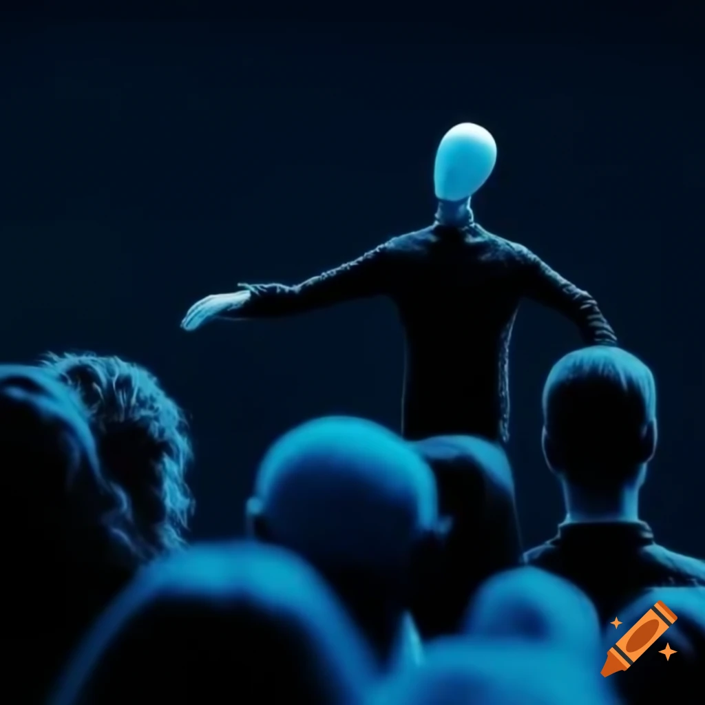 Faceless blue mannequin in black suit, arms crossed, listening to ...