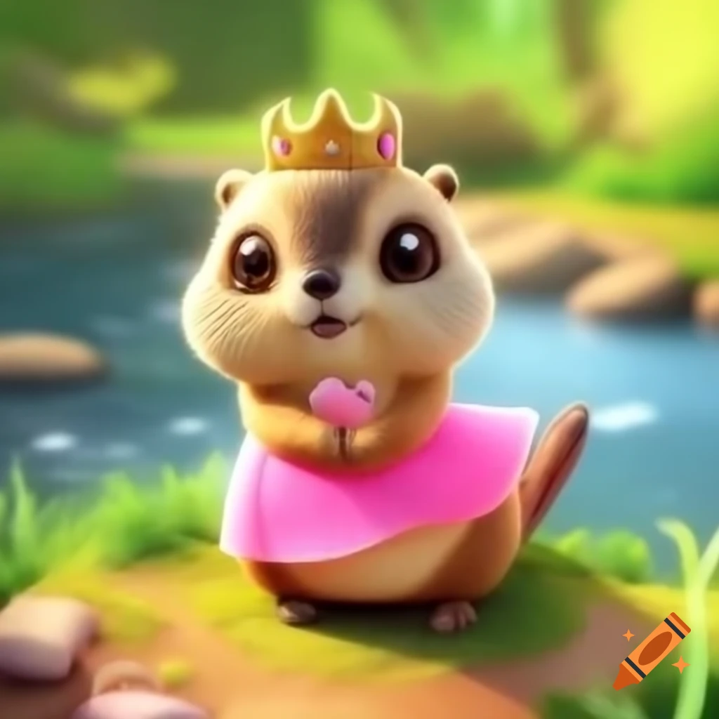 Marmot dressed in pink dress and tiara by the river on Craiyon