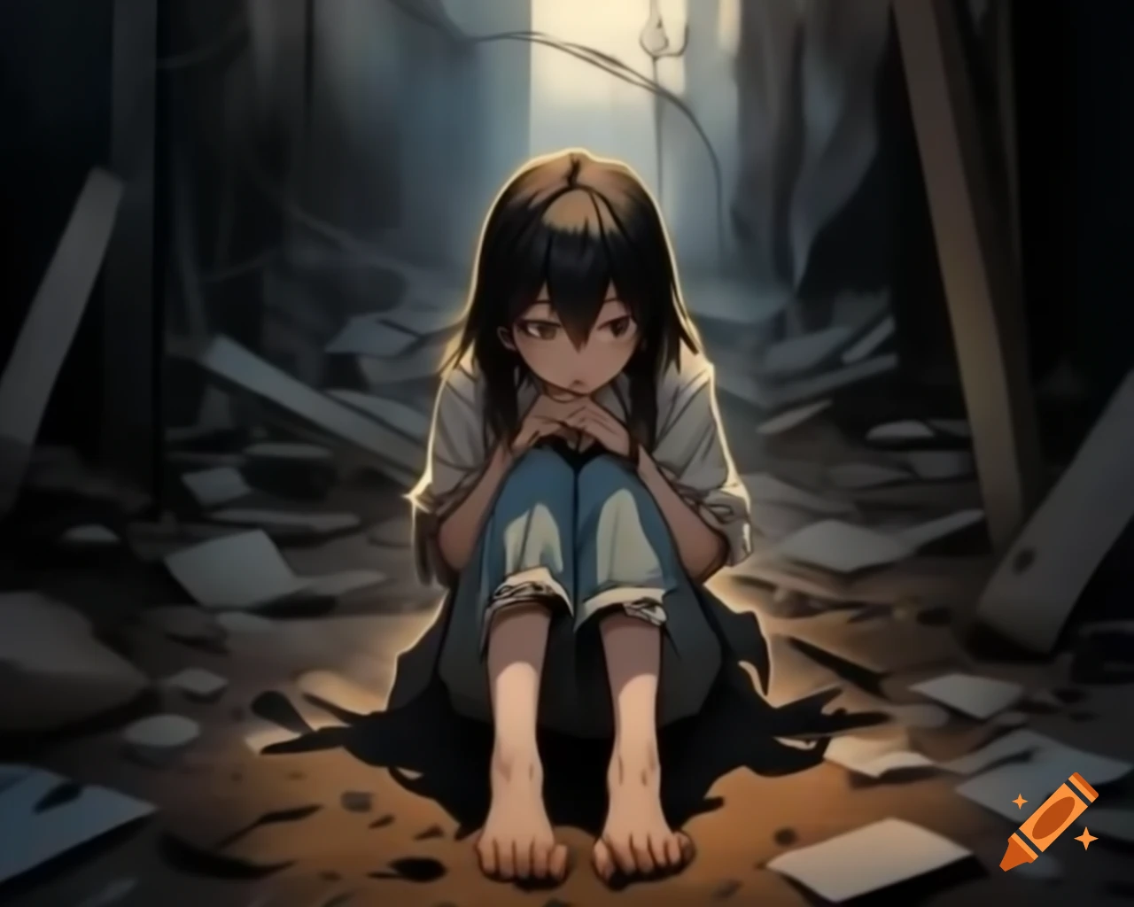 Anime character with pointed ears searching in dim alley among ...