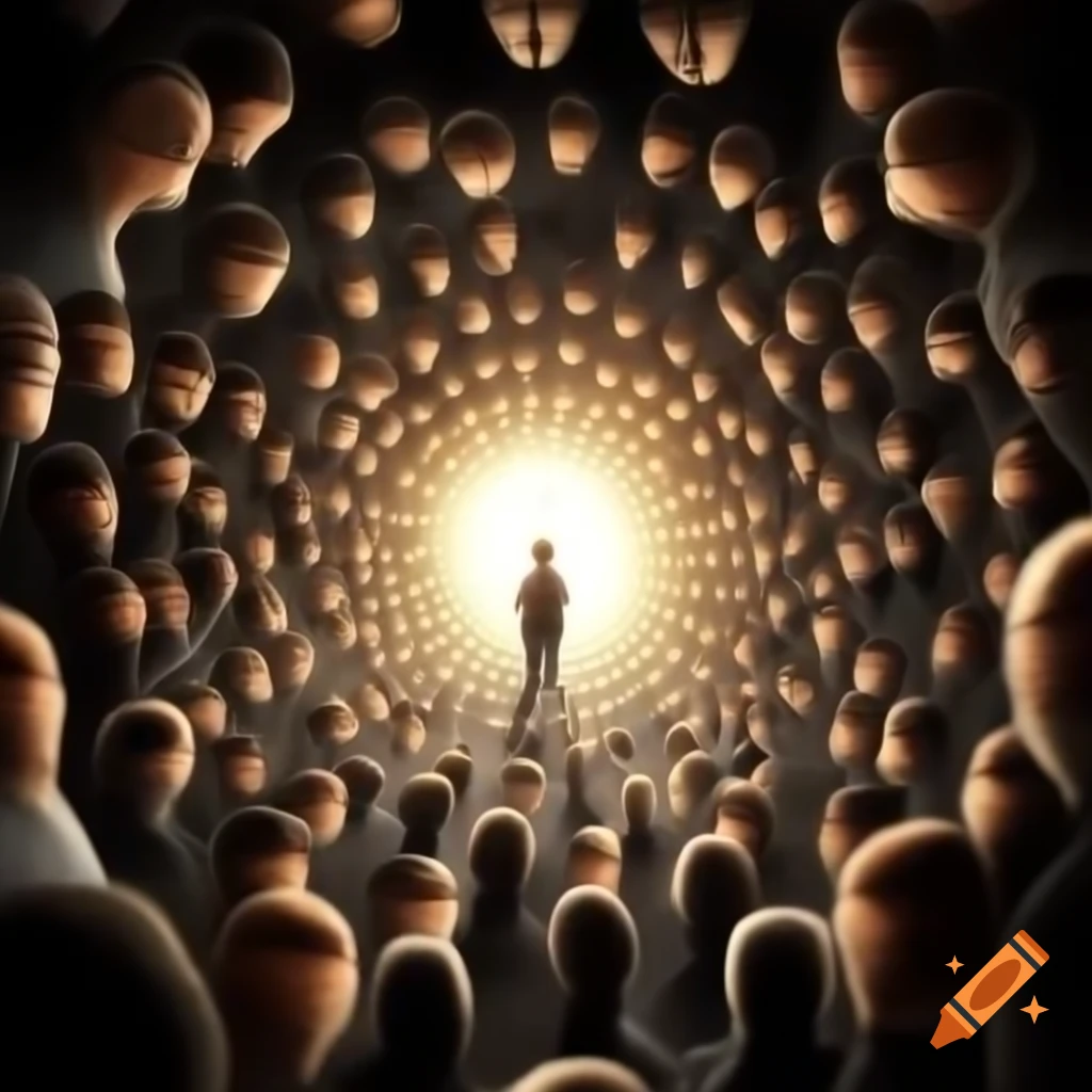 Luminous network connecting diverse people, glowing with golden and white light on Craiyon