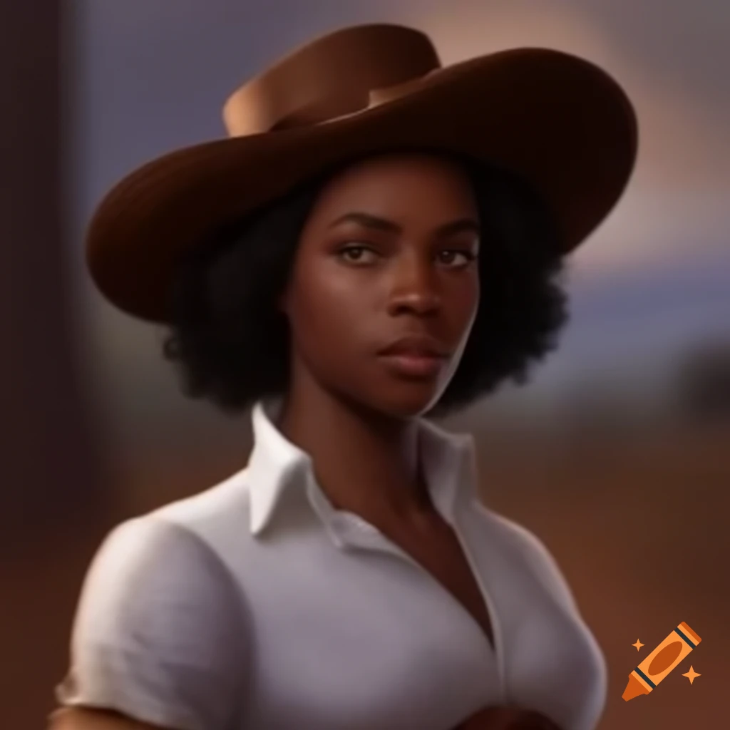 Black woman in 1800s attire wearing white clothing and cowboy hat on Craiyon