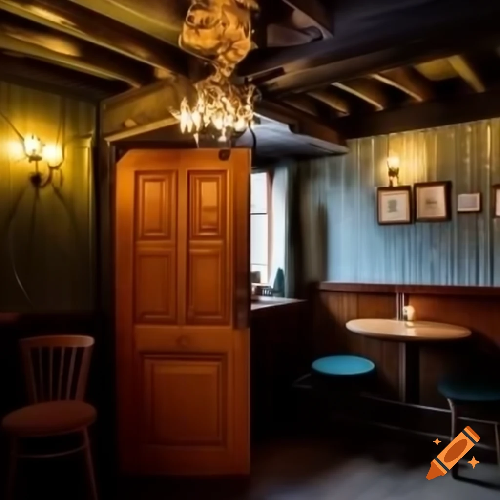 Interior of a 1700's English inn featuring timber door, wall sconce ...
