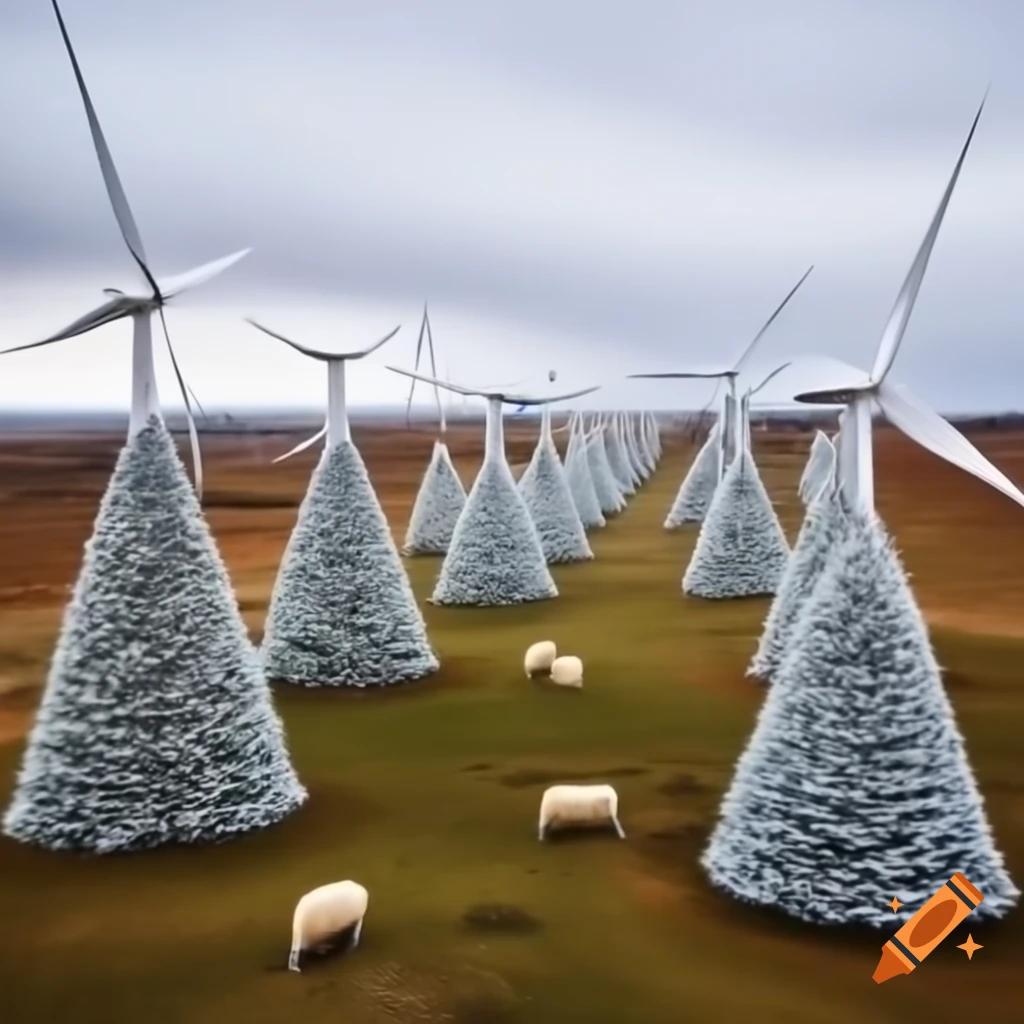 Wind turbines decorated as Christmas trees in Sardinian landscape with ...