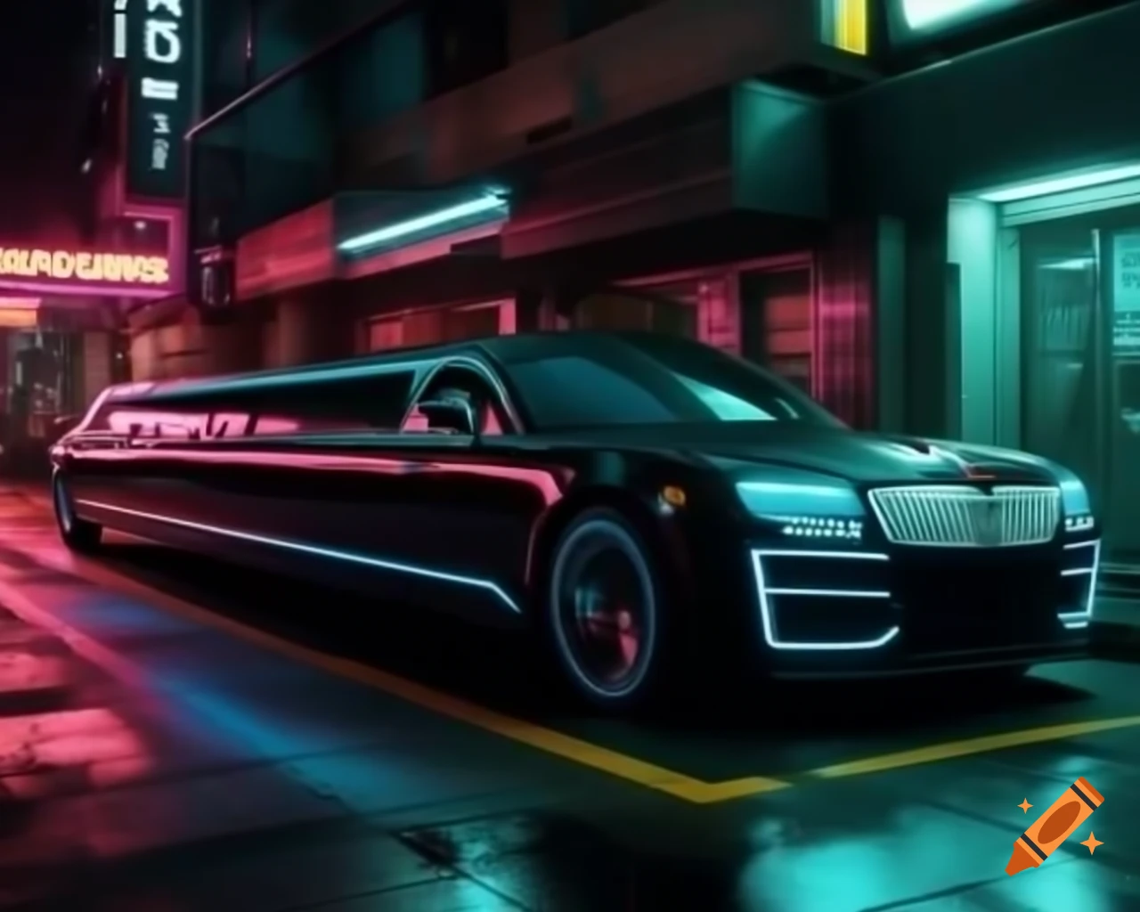 Cyberpunk limo parked on neon-lit urban street at night on Craiyon