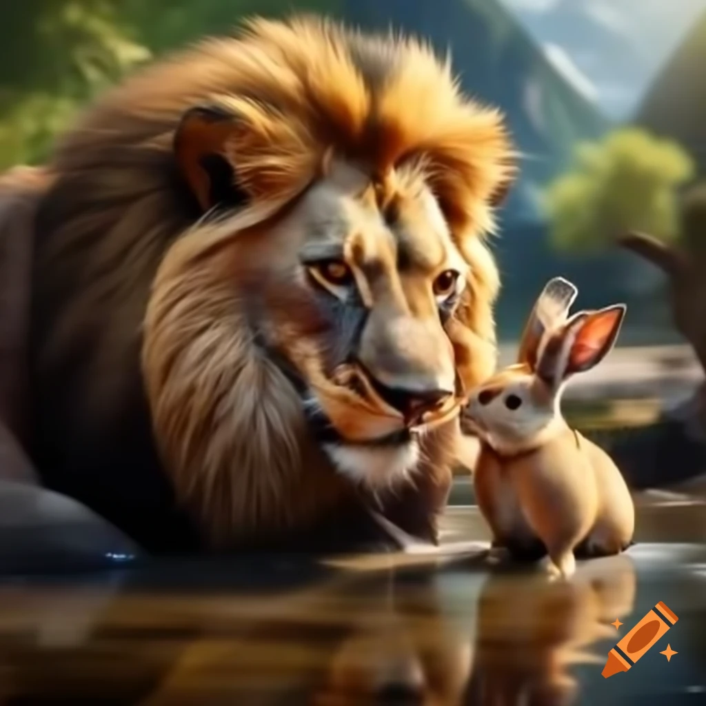Lion and rabbit interacting gently in a mountain stream on Craiyon