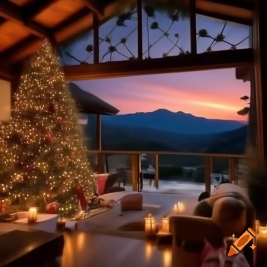 Luxury interior with beautiful christmas decorations and mountain view ...