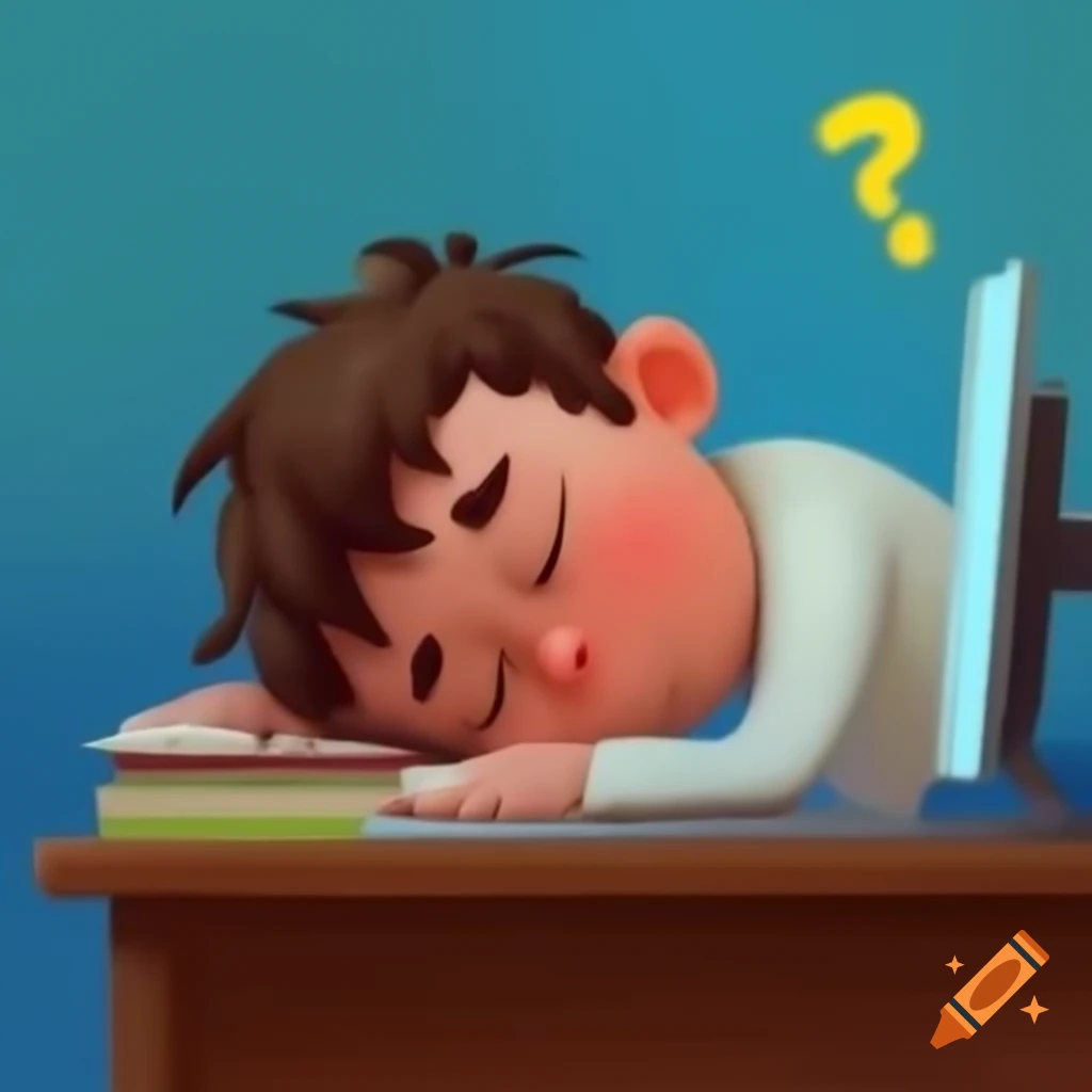 Cartoon man with scraggly hair sleeping at desk with glowing computer ...
