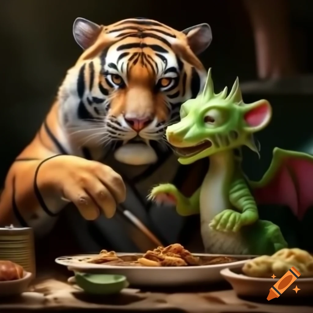Huge tiger sharing food with green dragon on Craiyon