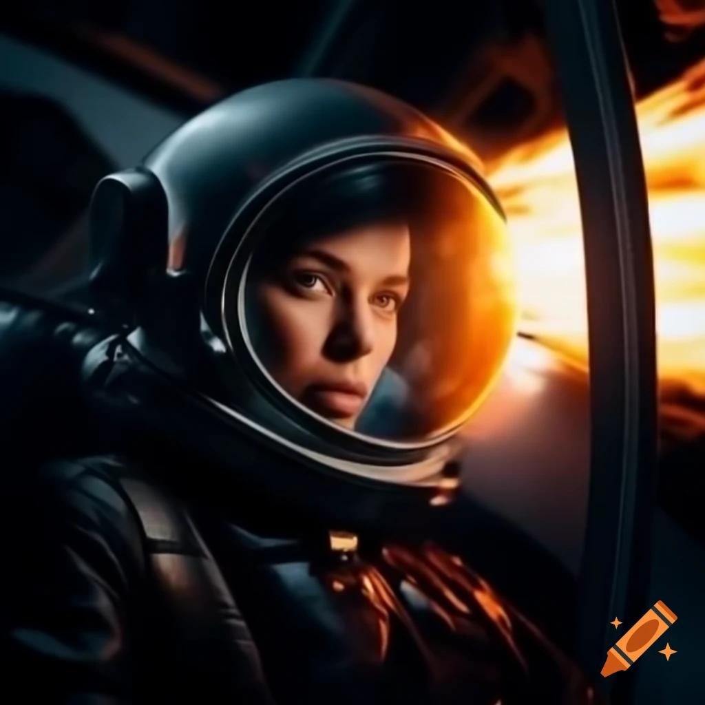 Chrome rocket launching with fiery trails and pilot in leather jacket on Craiyon