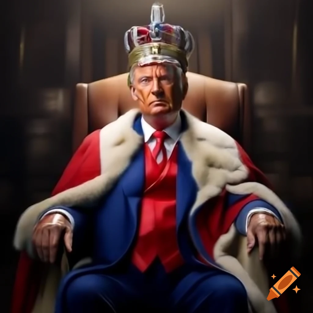 Donald Trump in jeweled crown and king's robes seated on throne on Craiyon