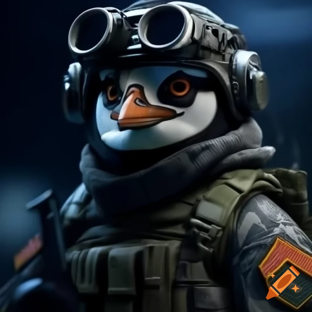 Tactical penguin in army gear with night vision goggles on Craiyon