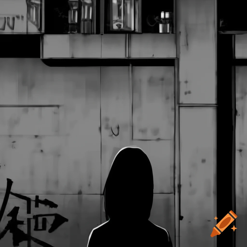 Black and white manga-style character background with concrete wall and ...