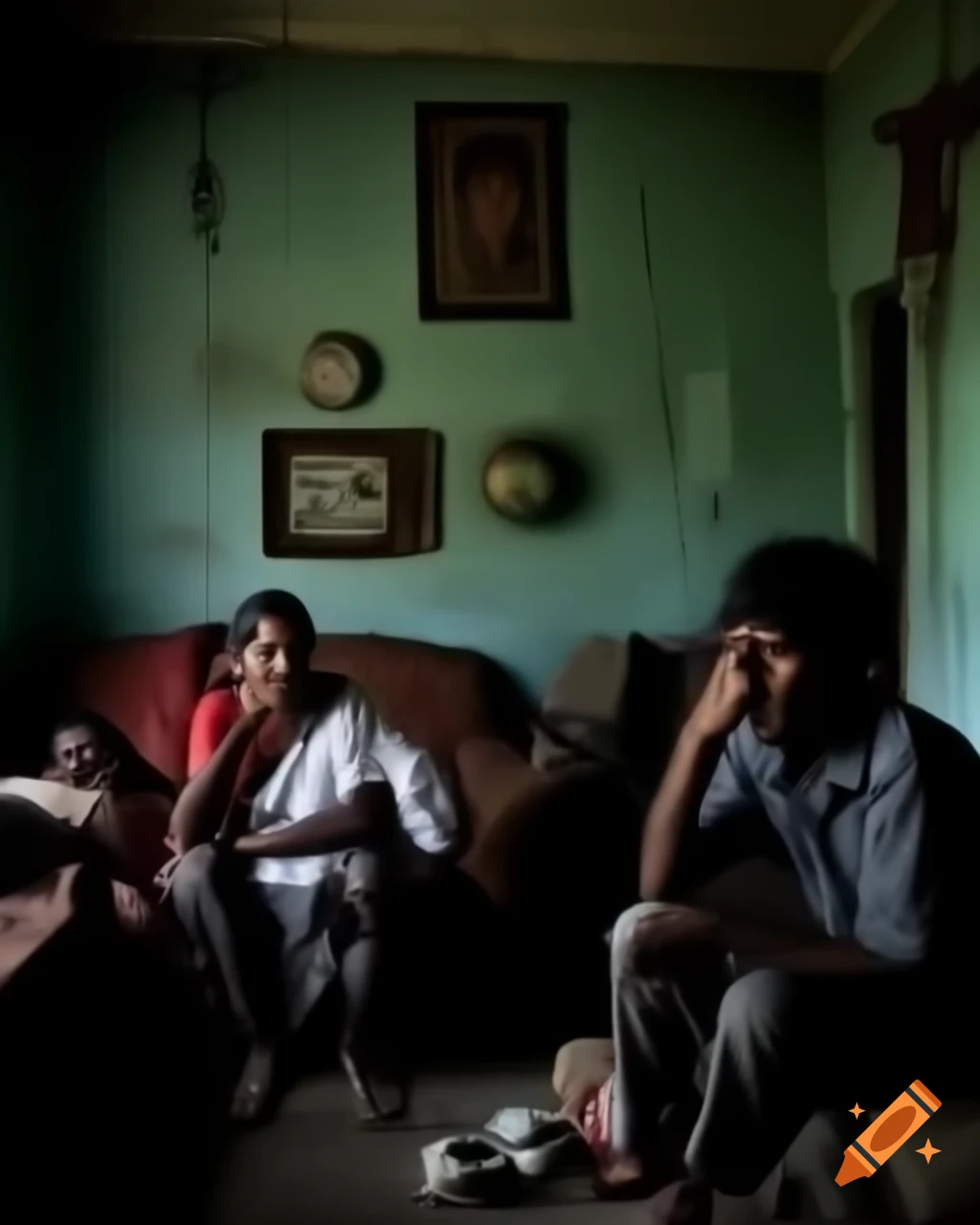 Intense family argument in dimly lit living room with disarranged ...