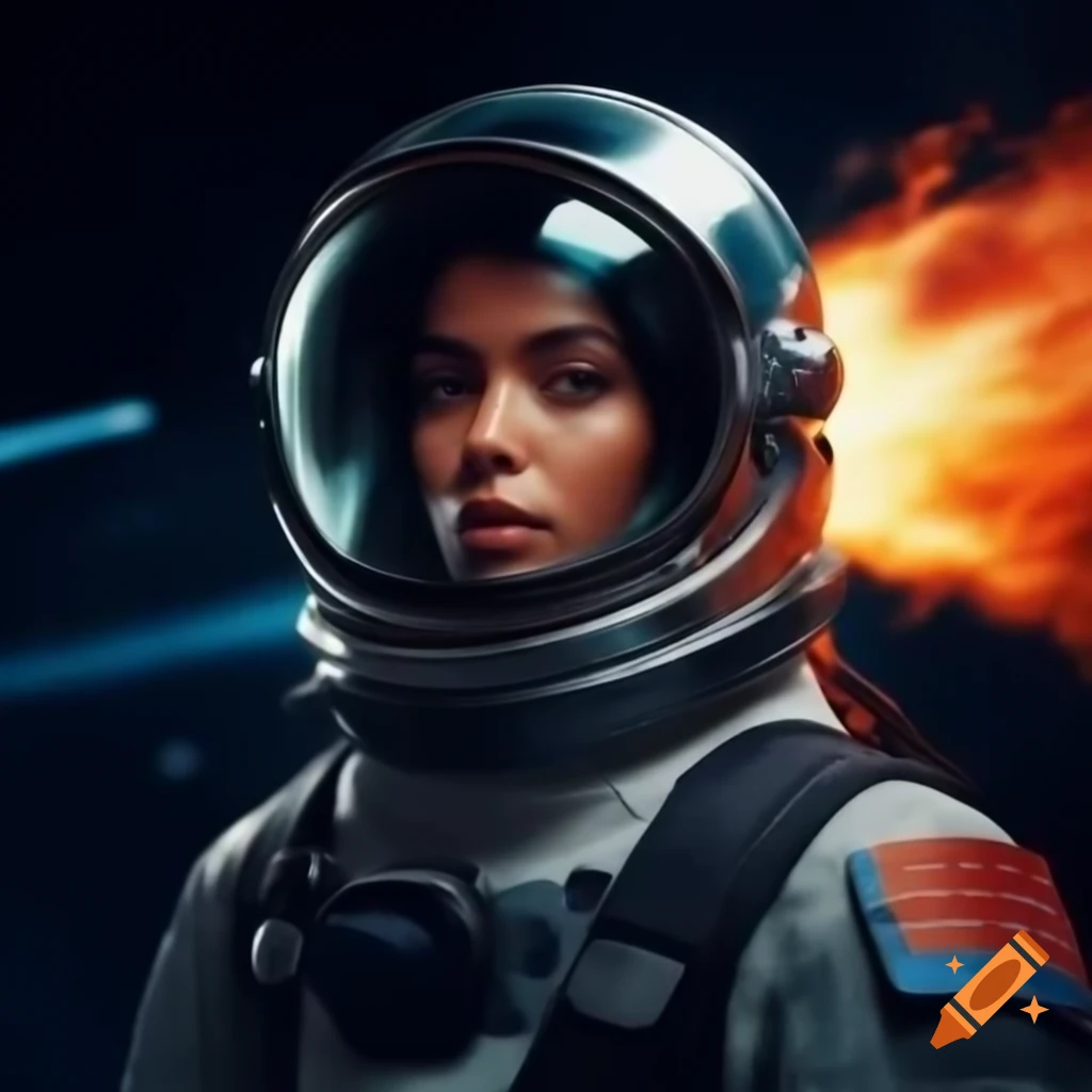 Chrome rocket launching with fiery trails and pilot in leather jacket on Craiyon